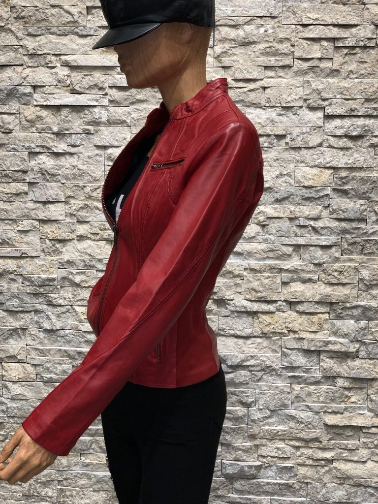Dames rode leren bikerjack met rechte ritsen -Monica – BK Leder